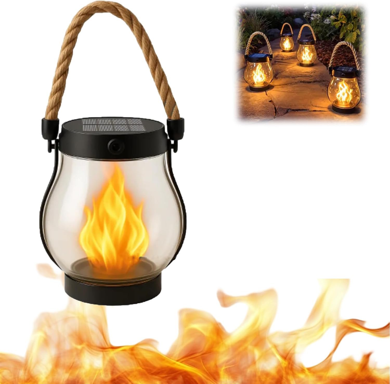 Solar Lantern Outdoor Light Dancing Flame Solar Light Hemp Rope Hanging ...
